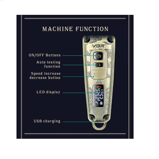 Професионална машинка за подстригване VGR, V-901, Винтидж стил, LED ...