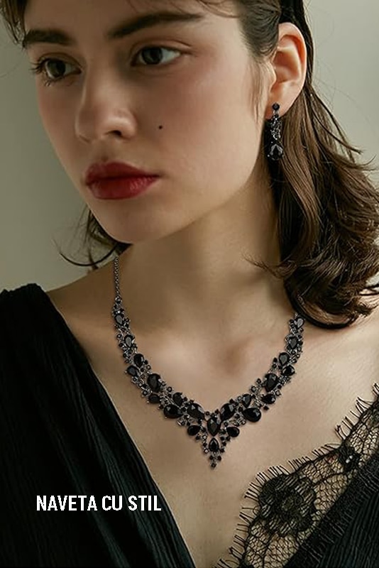 Set bijuterii dama, Vaxiuja, colier si cercei, Aliaj, 2 buc, Negru ...