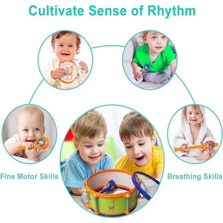 Set muzical cu 7 instrumente, toba cu doua bete, fluier, flaut ...