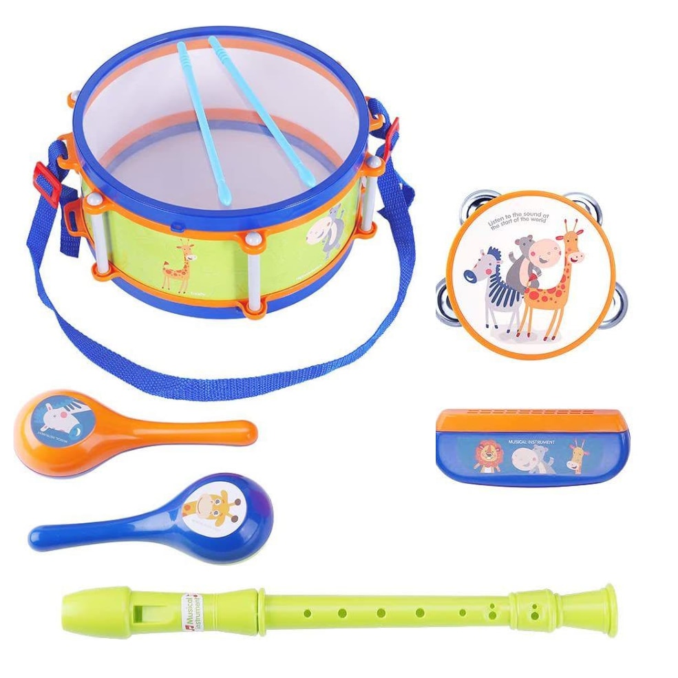 Set muzical cu 7 instrumente, toba cu doua bete, fluier, flaut ...
