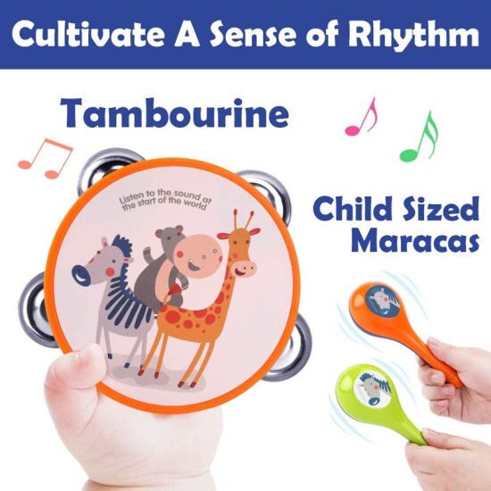 Set muzical cu 7 instrumente, toba cu doua bete, fluier, flaut ...