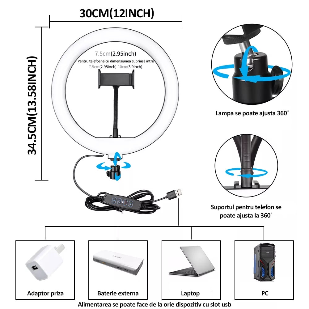 Lampa circulara RING LIGHT LED, NEXTLY, diametru 30cm, 12inch, lumina calda/rece/neutra, 10 ...