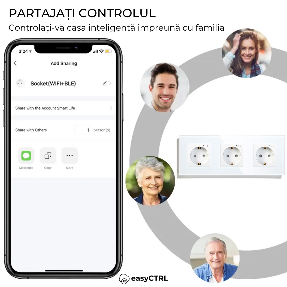 Priza inteligenta de perete, Wi-Fi, Tripla, Monitorizare consum, Smart ...