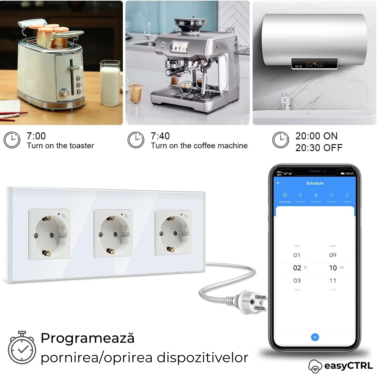 Priza inteligenta de perete, Wi-Fi, Tripla, Monitorizare consum, Smart ...
