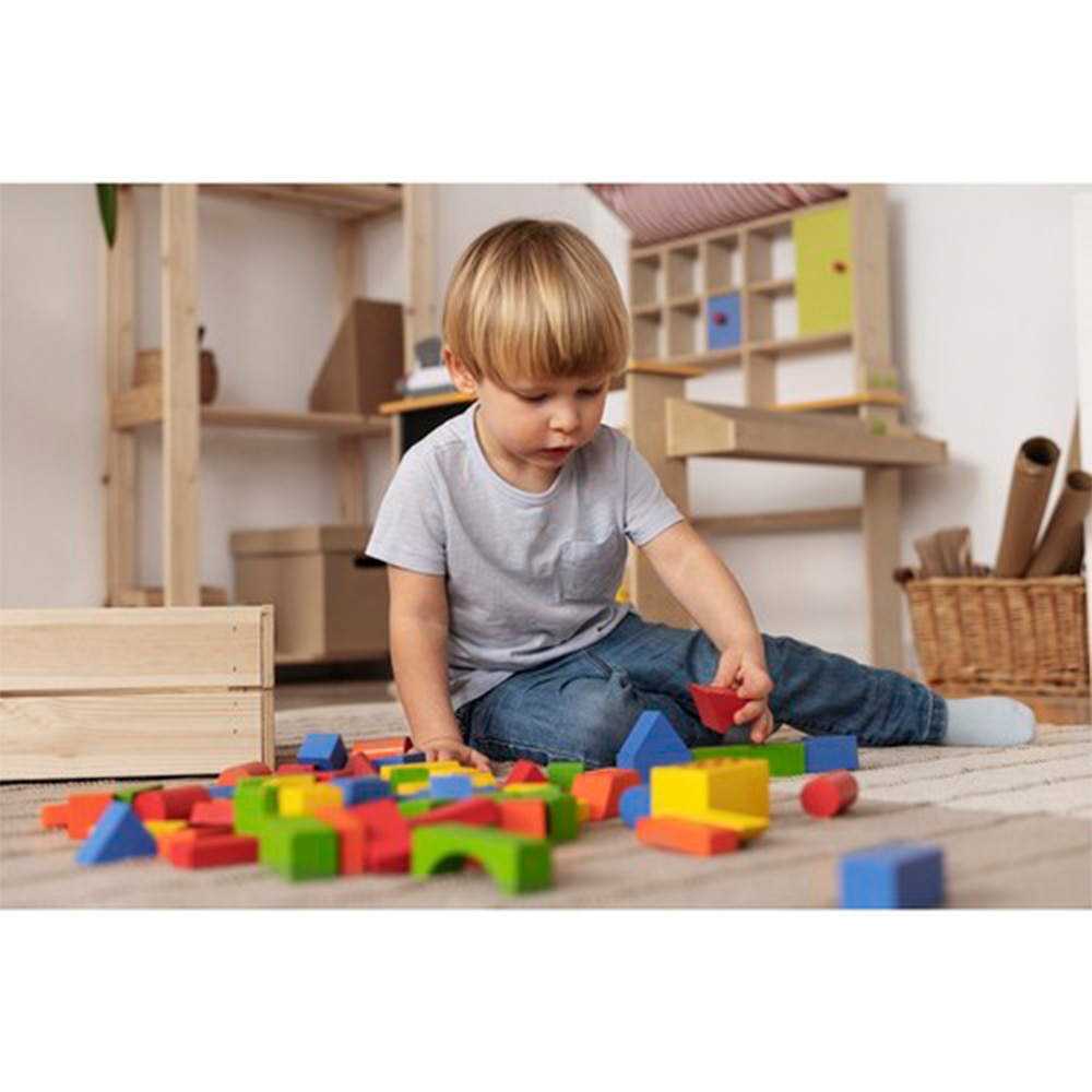 Set Constructie 100 Cuburi De Lemn De Diverse Culori, Jucarie Educativa ...