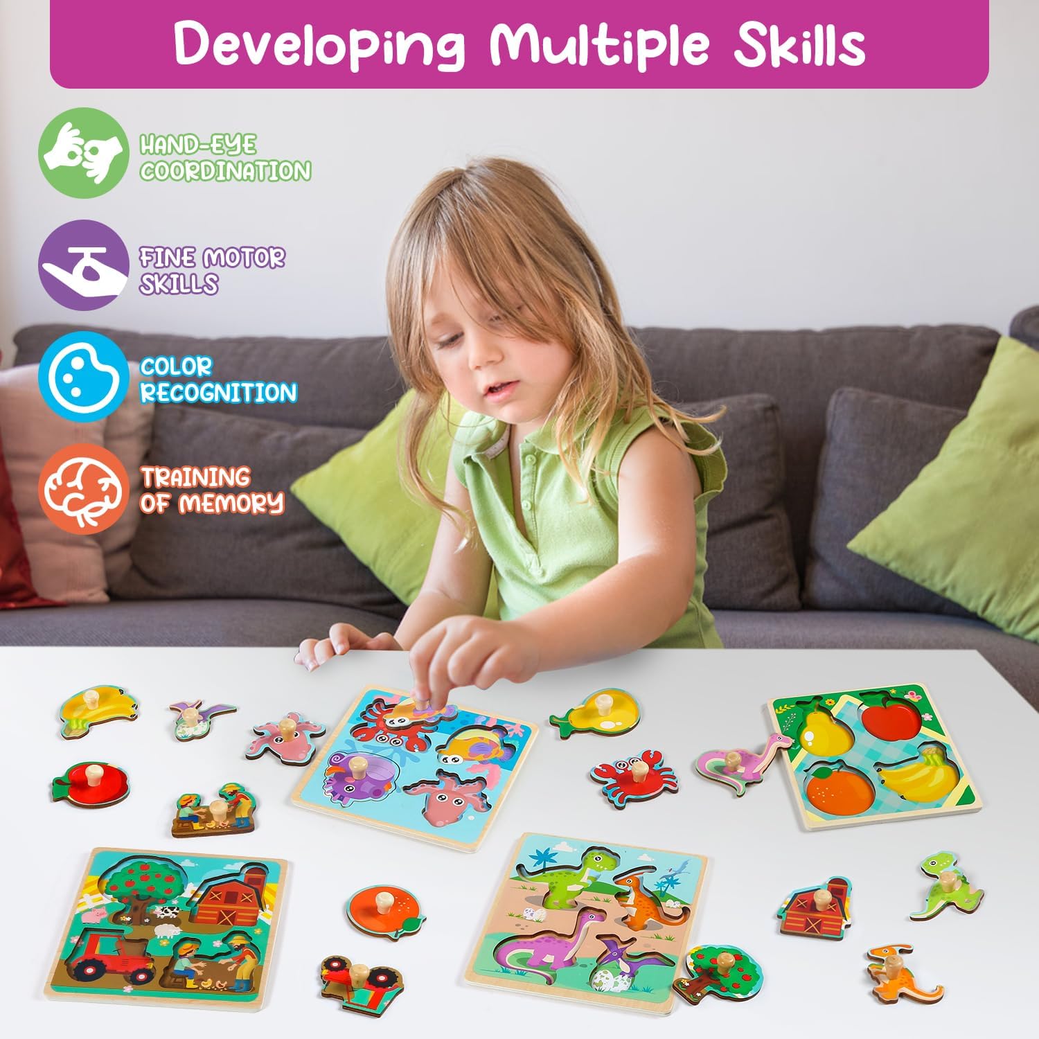 Set puzzle din lemn, 4 piese, Educativ pentru copii, Diferite teme ...
