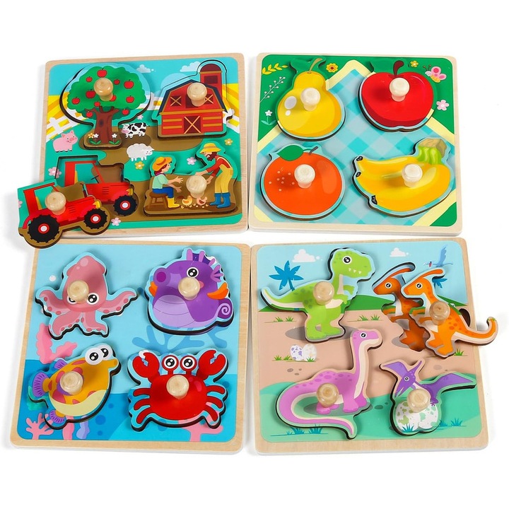 Set puzzle din lemn, 4 piese, Educativ pentru copii, Diferite teme ...