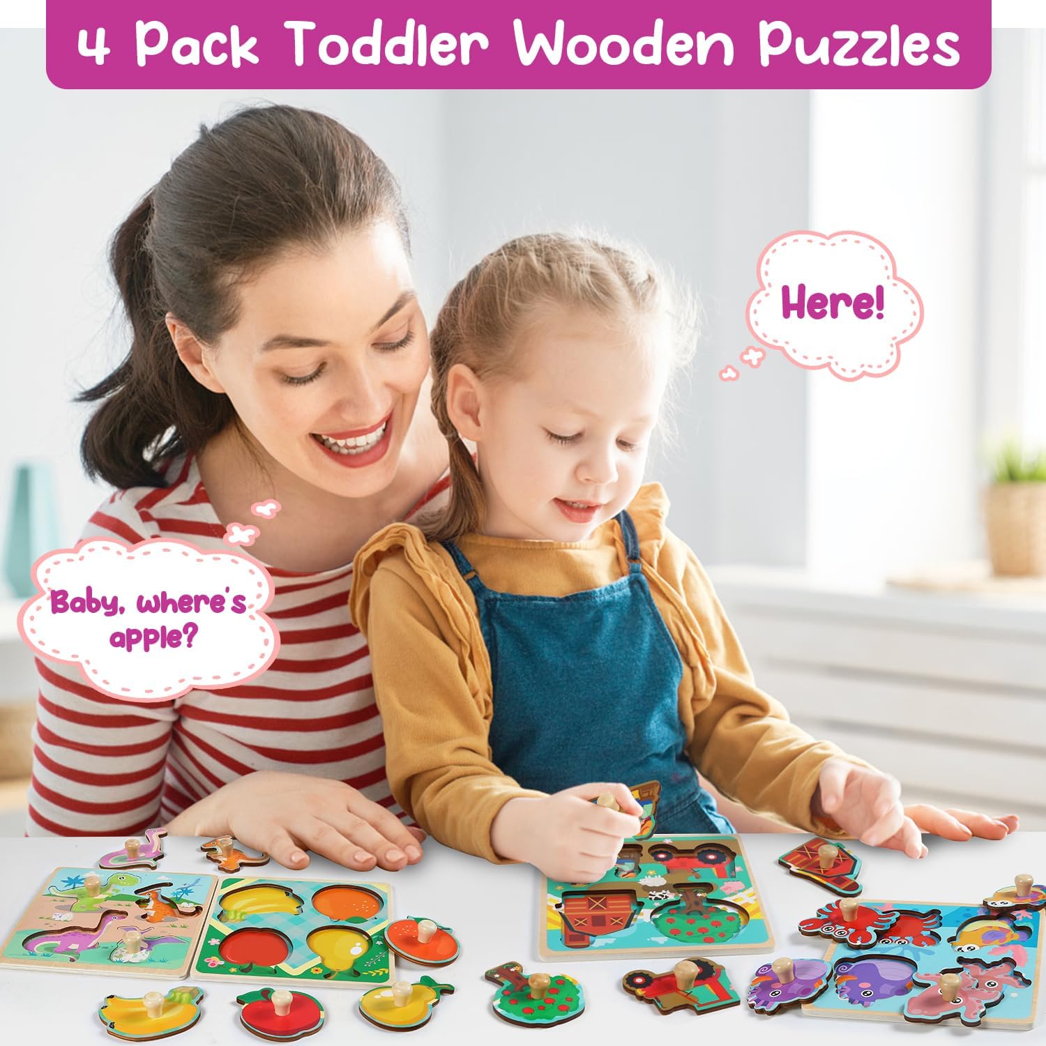 Set puzzle din lemn, 4 piese, Educativ pentru copii, Diferite teme ...