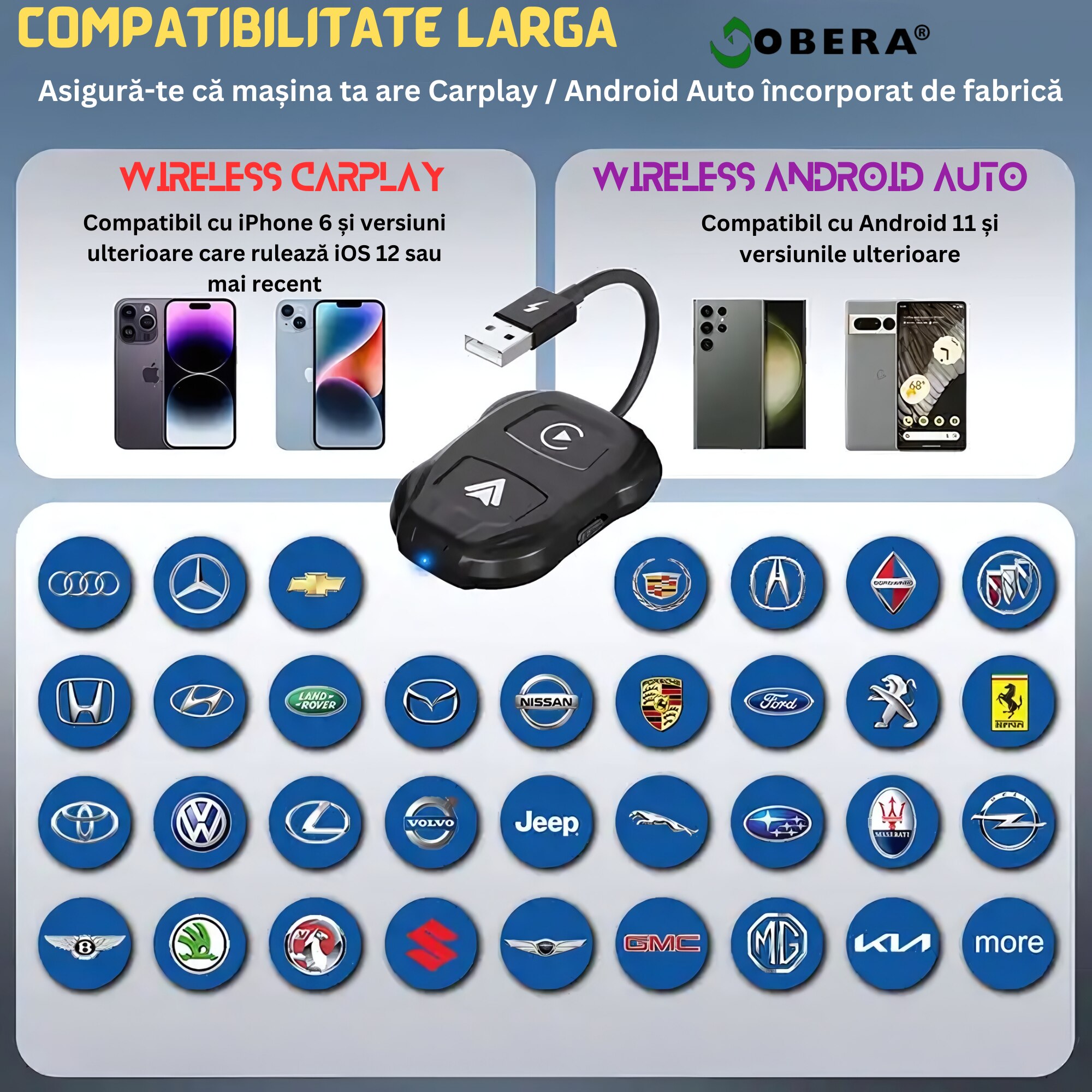 Adaptor wireless goBERA®, CarPlay & Android Auto 2 in 1, Compatibil cu ...