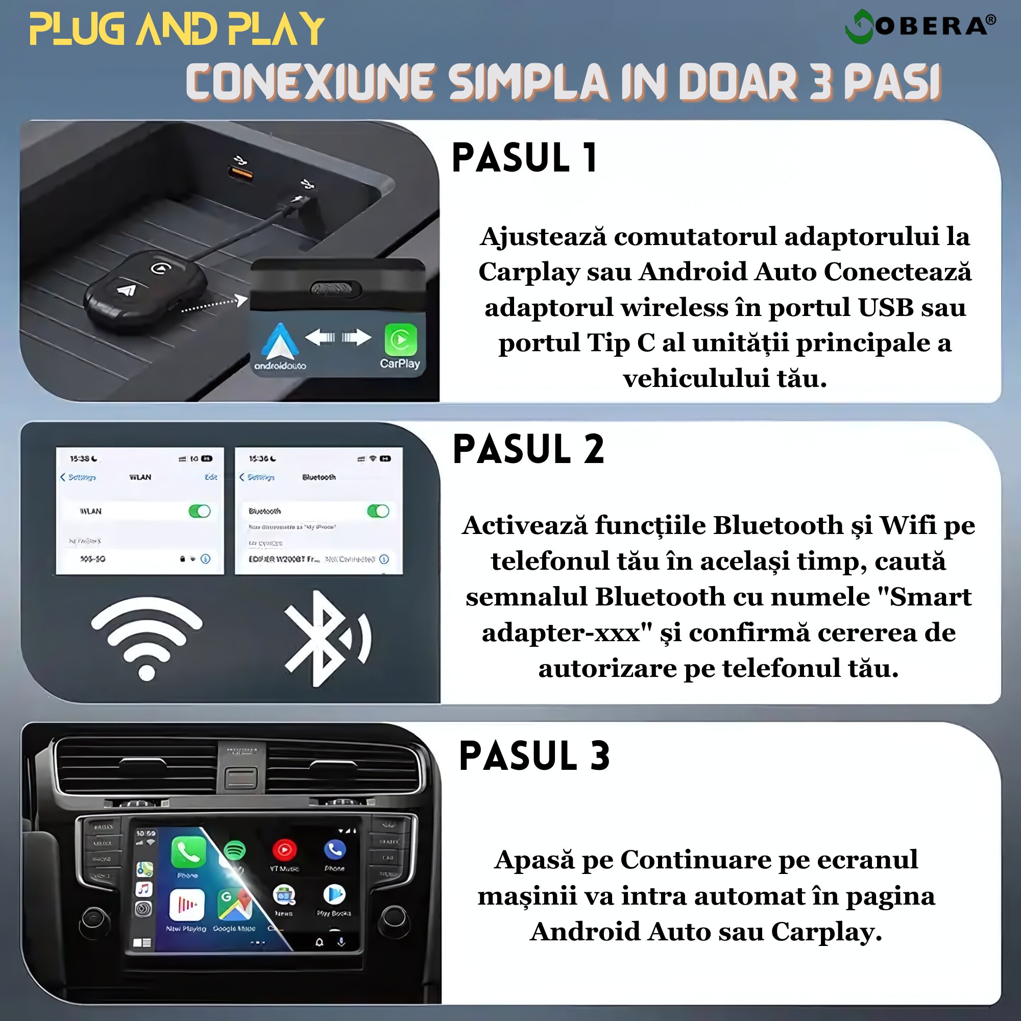 Adaptor wireless goBERA®, CarPlay & Android Auto 2 in 1, Compatibil cu ...