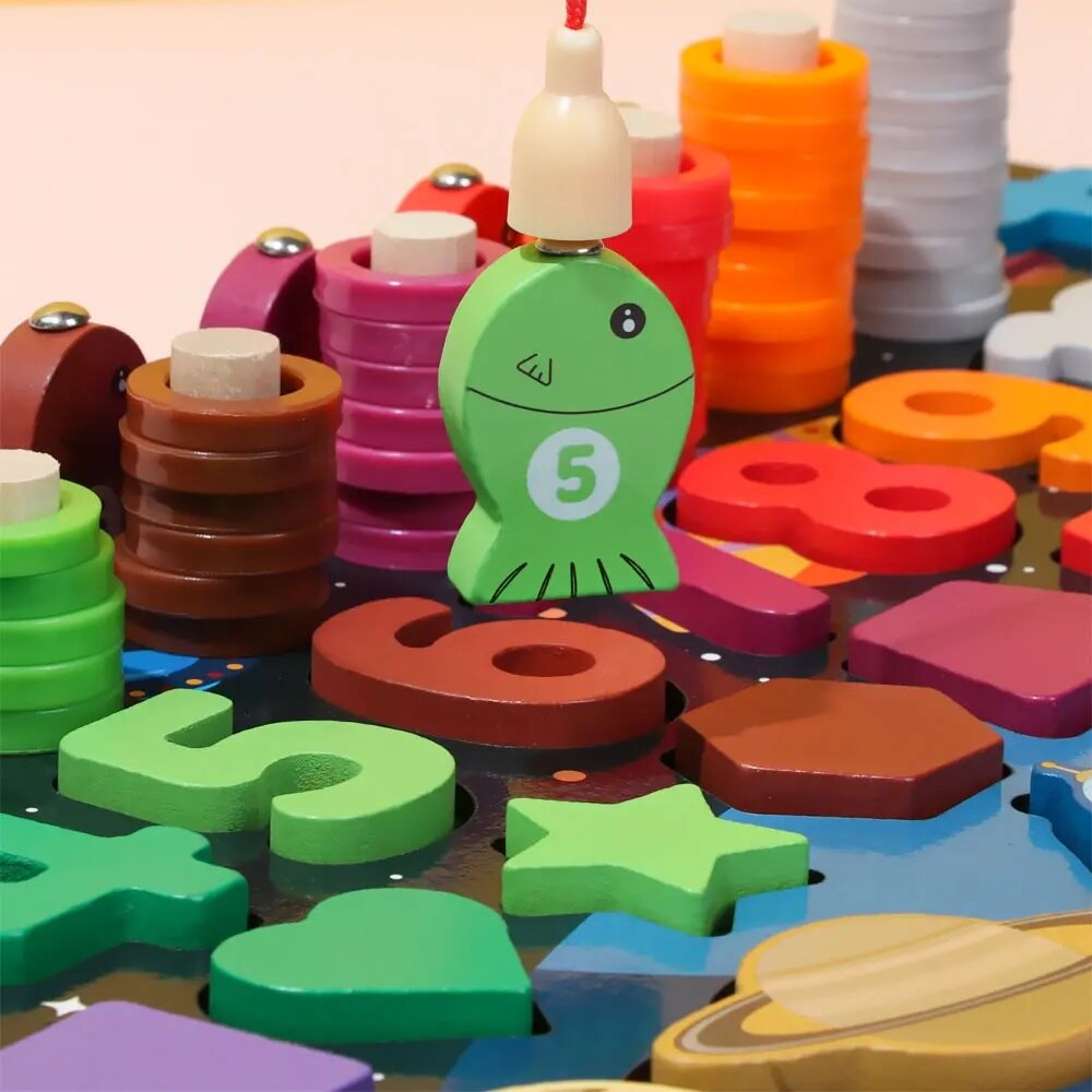 Jucarie din lemn 6 in 1 Montessori, joc logaritmic, educativ, sortator ...