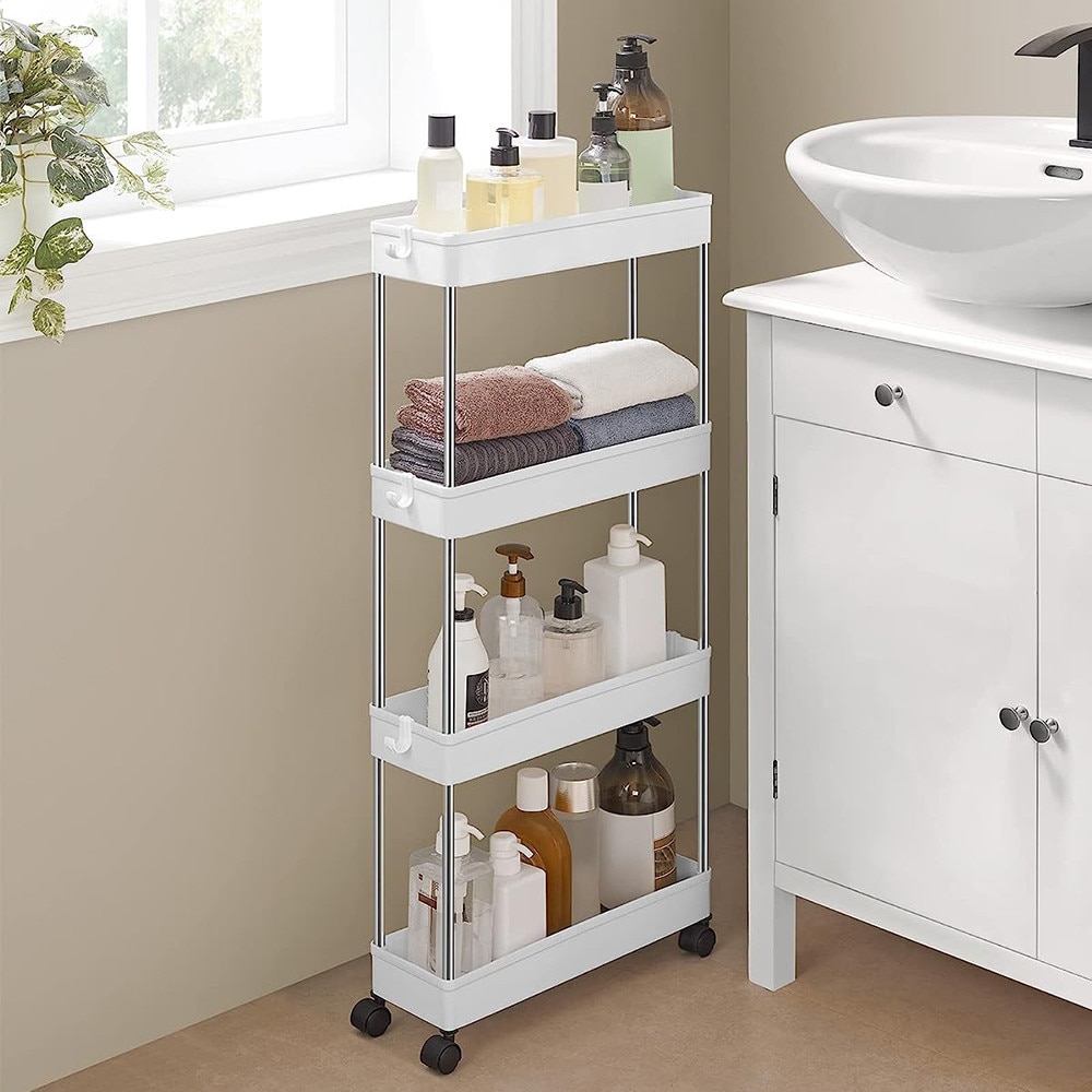 Etajera slim pentru baie si bucatarie cu 4 rafturi, cu roti, alb - eMAG.ro
