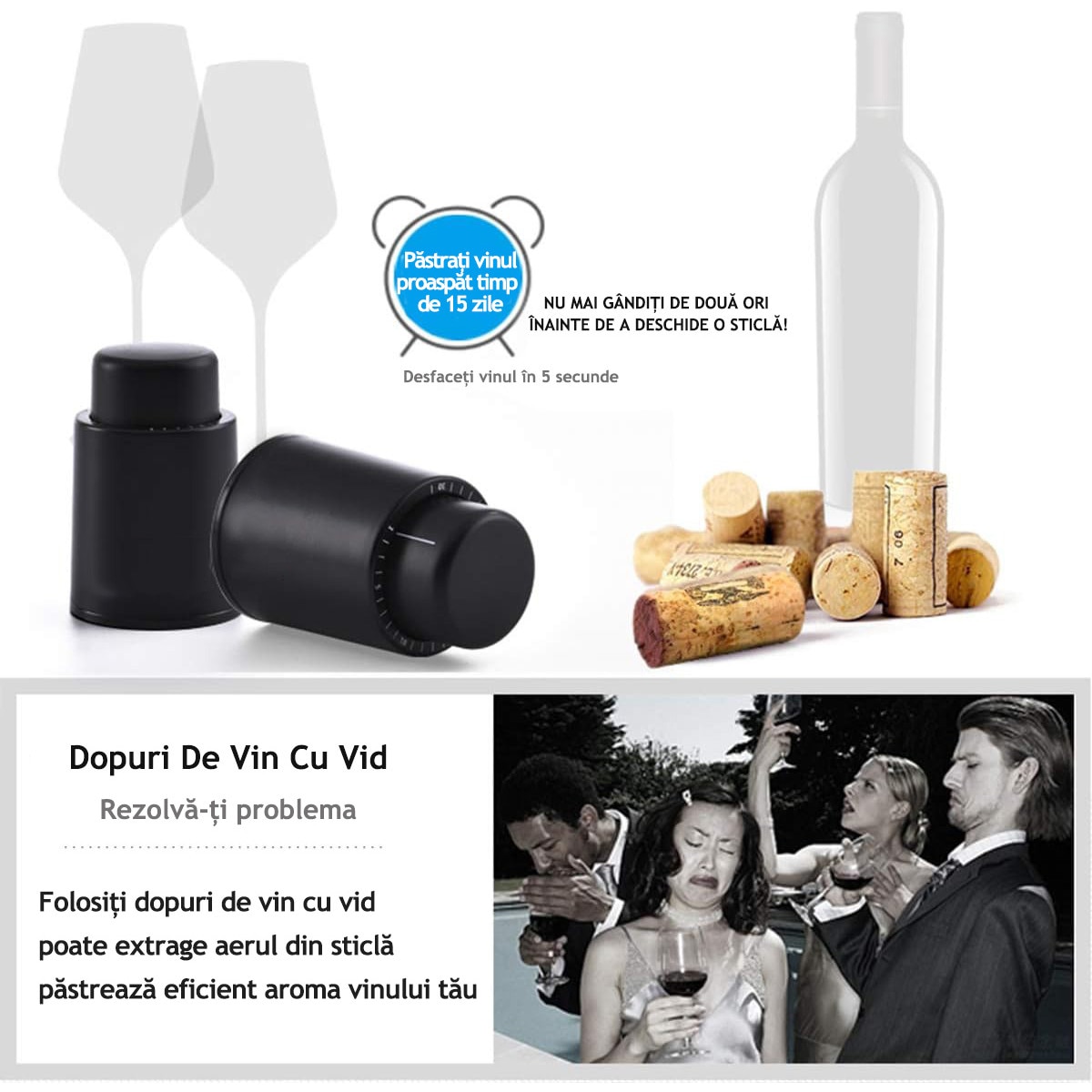 Dop vacuum pentru sticla vin, ABS/Silicon, Negru - eMAG.ro