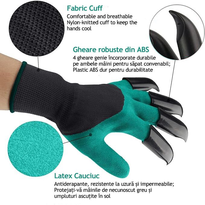 Set 2 manusi de gradinarit cu 4 gheare, Latex/Poliester, Verde/Negru ...