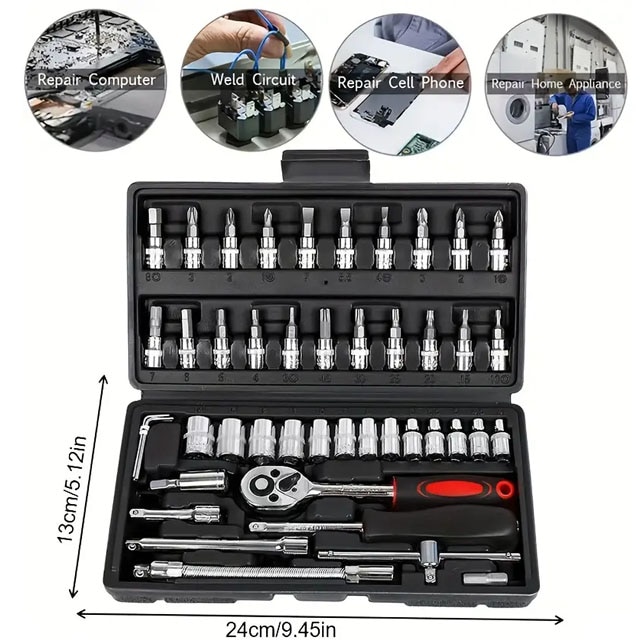 Set de instrumente pentru repararea masinii, Tebnaild, 46 buc, Negru ...