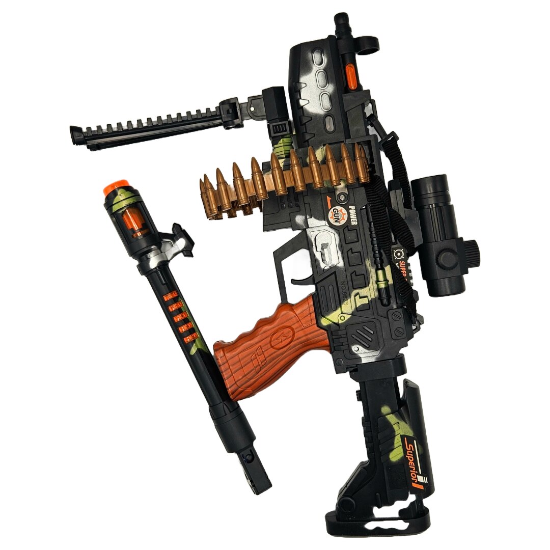 Pusca de jucarie cu sunete, lumini, vibratie, banda de cartuse rotativa ...