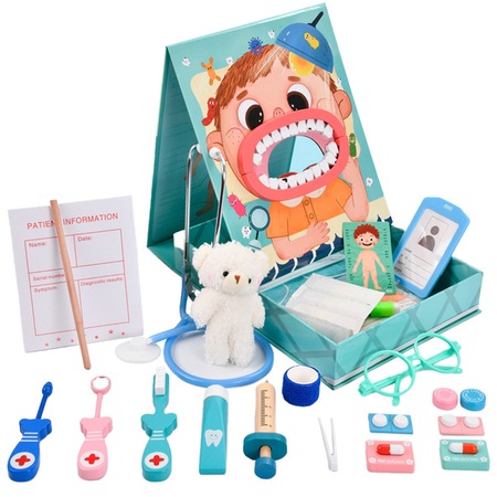 Set trusa de doctor - la dentist, LEOKOR®, cu 23 accesorii, din lemn ...