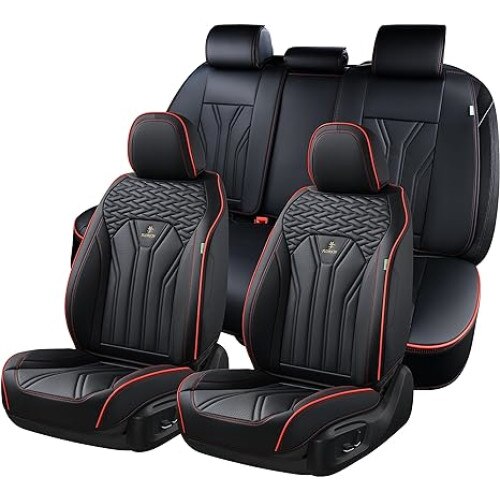 Huse Auto Premium Florich, Set Complet, Negru cu detalii Rosii pentru 5 ...