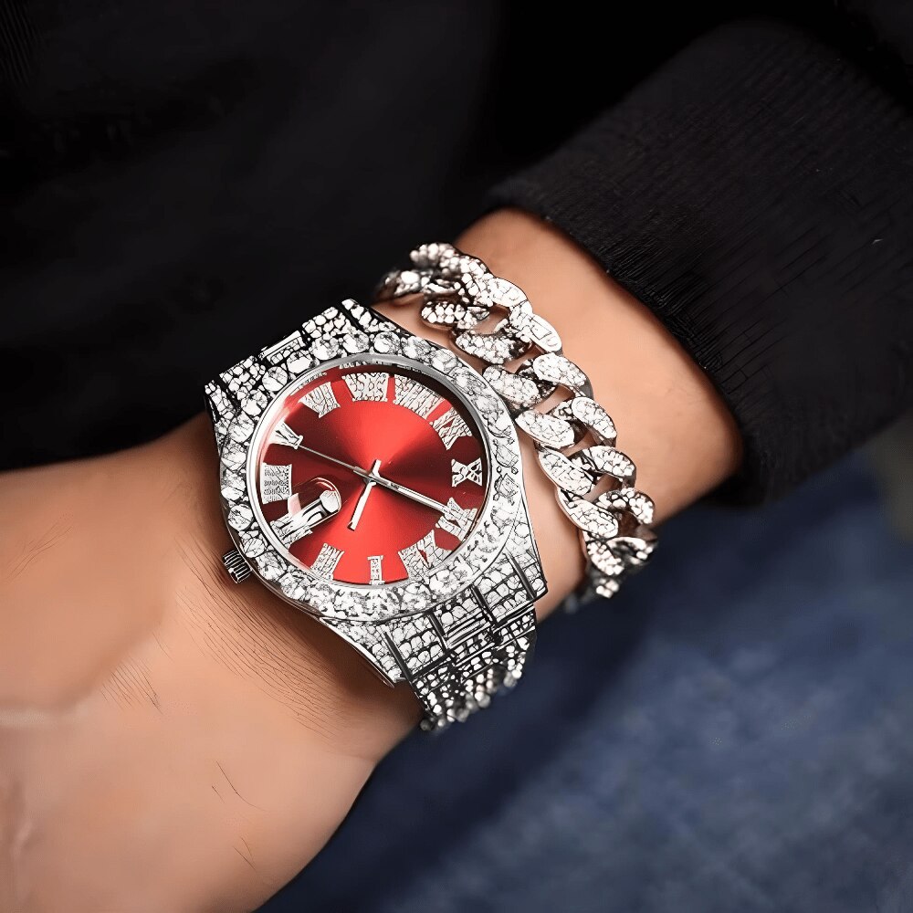 Set Ceas Iced Out SIlver Red + Colier Cuban Chain Iced out, insertii ...
