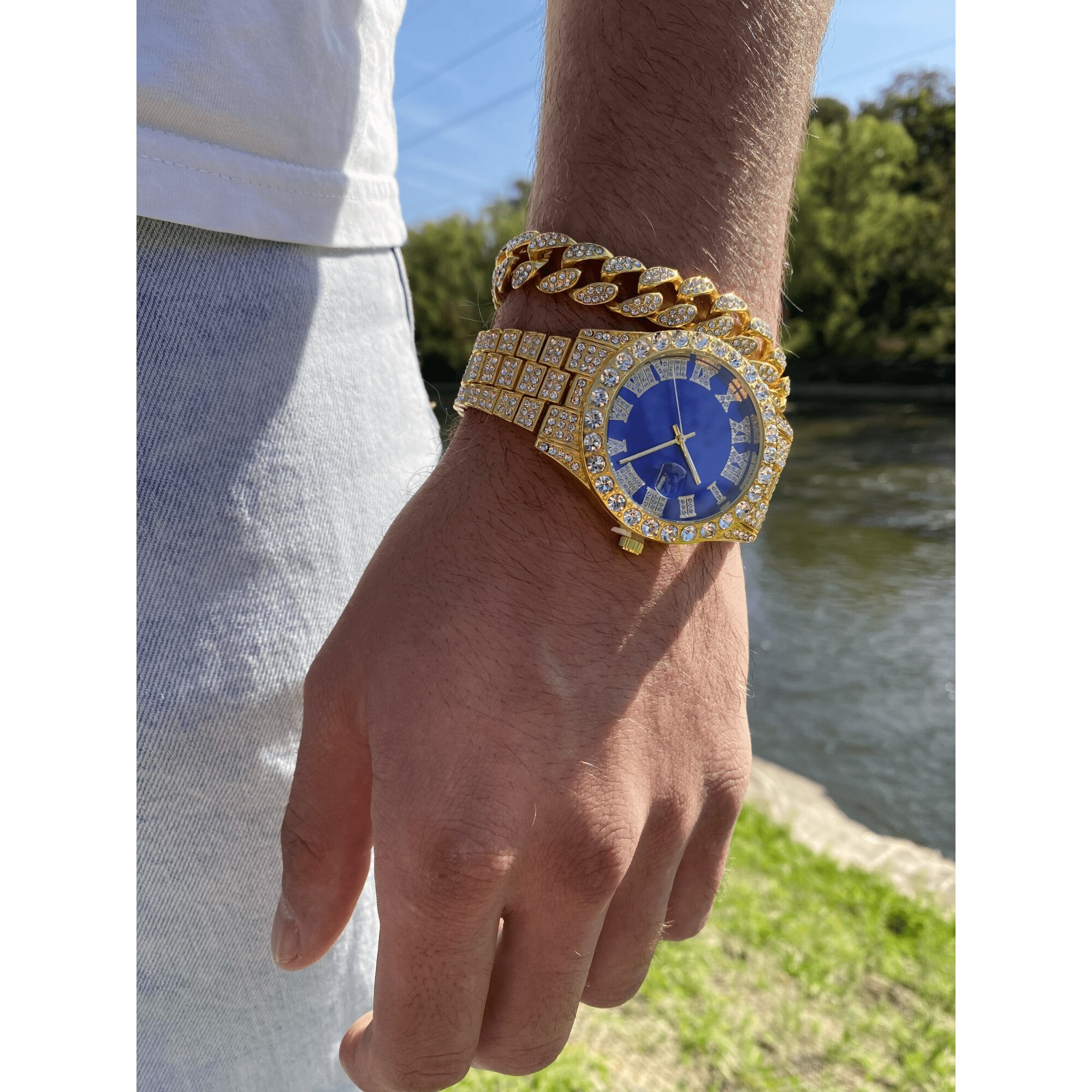 Комплект часовник Iced Out Gold Blue + Гривна Cuban, Инкрустиран ...