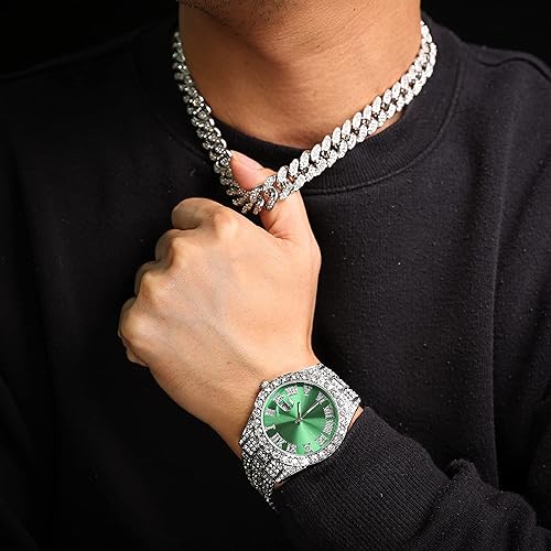 Set Ceas Iced Out Silver Green + Colier Cuban Chain Iced out, insertii ...