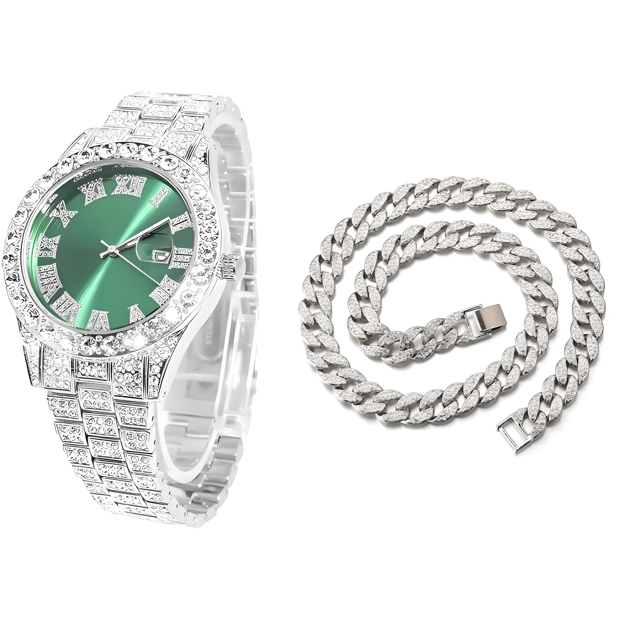 Set Ceas Iced Out Silver Green + Colier Cuban Chain Iced out, insertii ...