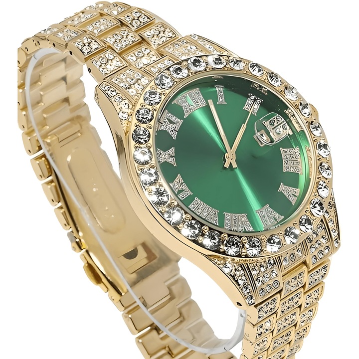 Set Ceas Iced Out Gold Green + Bratara Cuban, insertii din zirconiu, otel inoxidabil, dispozitiv ...