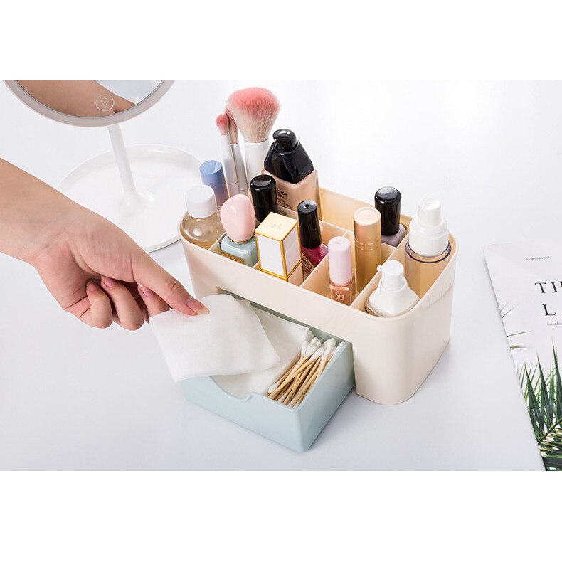 Organizator make-up, produse cosmetice, skincare, alb-albastru cu ...