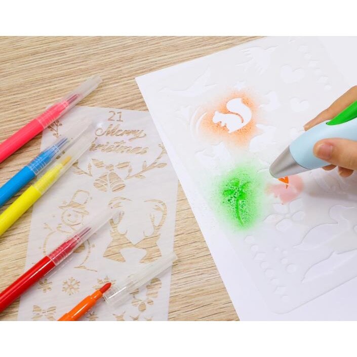 Set Creion Aerograf cu acumulator, Albastru, 12 culori si template-uri ...