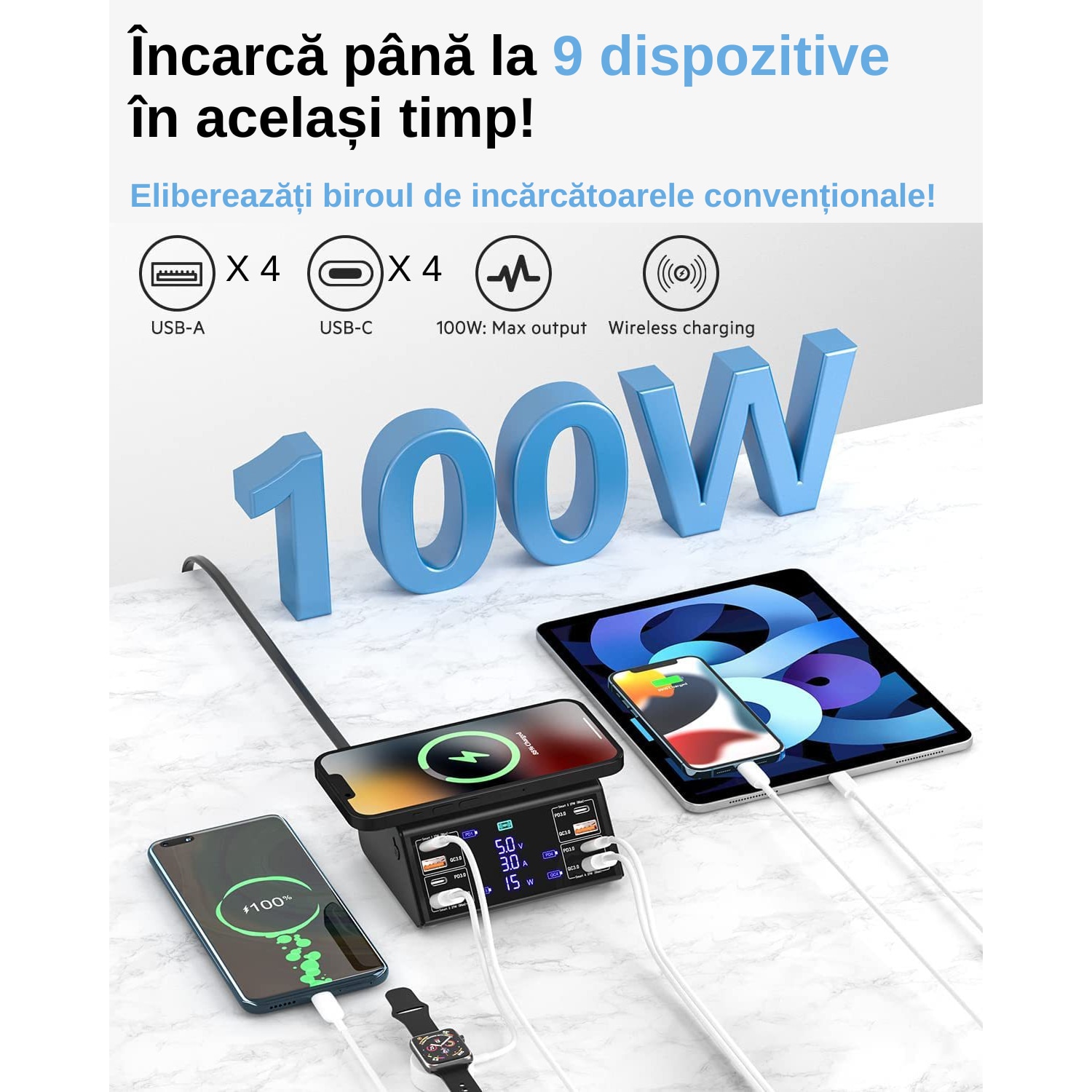 Безжична зарядна станция QI 15W, MOGODA®, 100W, 4 x USB тип C макс. 27W ...