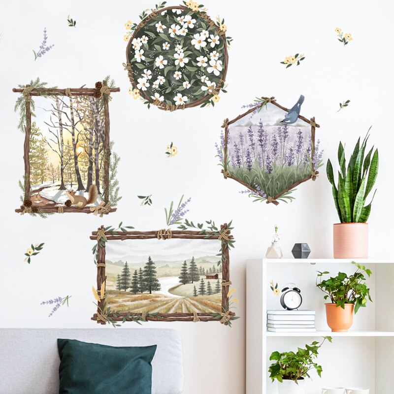 Sticker Autocolant Perete, Peisaje, Pasare, Munti, Copaci, Veverita ...