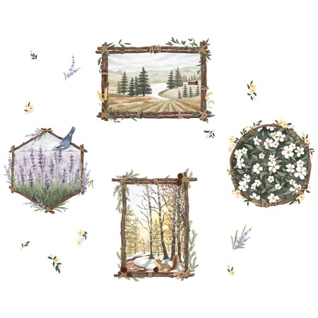 Sticker Autocolant Perete, Peisaje, Pasare, Munti, Copaci, Veverita ...