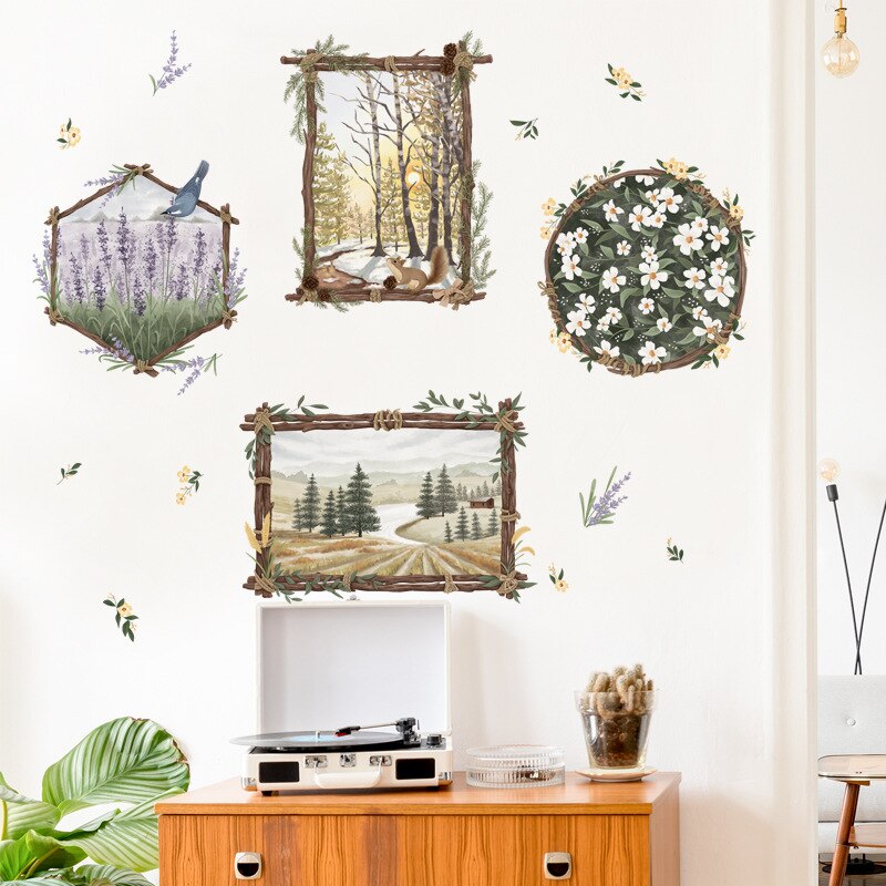 Sticker Autocolant Perete, Peisaje, Pasare, Munti, Copaci, Veverita ...