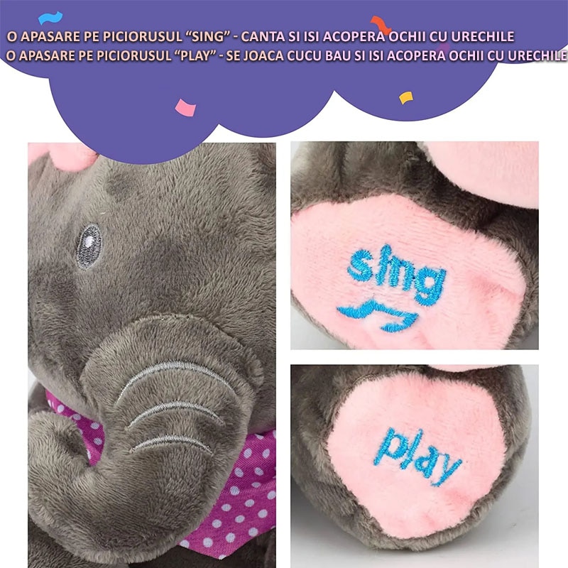 Jucarie de plus NEXTLY, elefant Peek a Boo, canta, se joaca Cucu Bau si ...