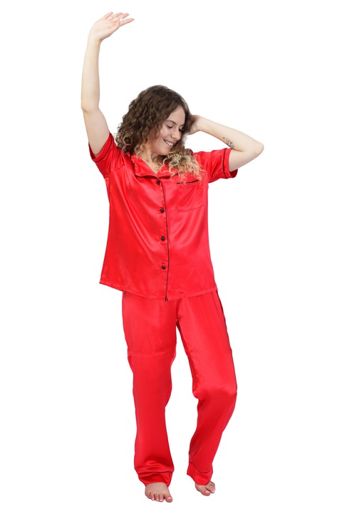 Pijama dama, matase naturala, cu vipusca si nasturi Rosu aprins - eMAG.ro