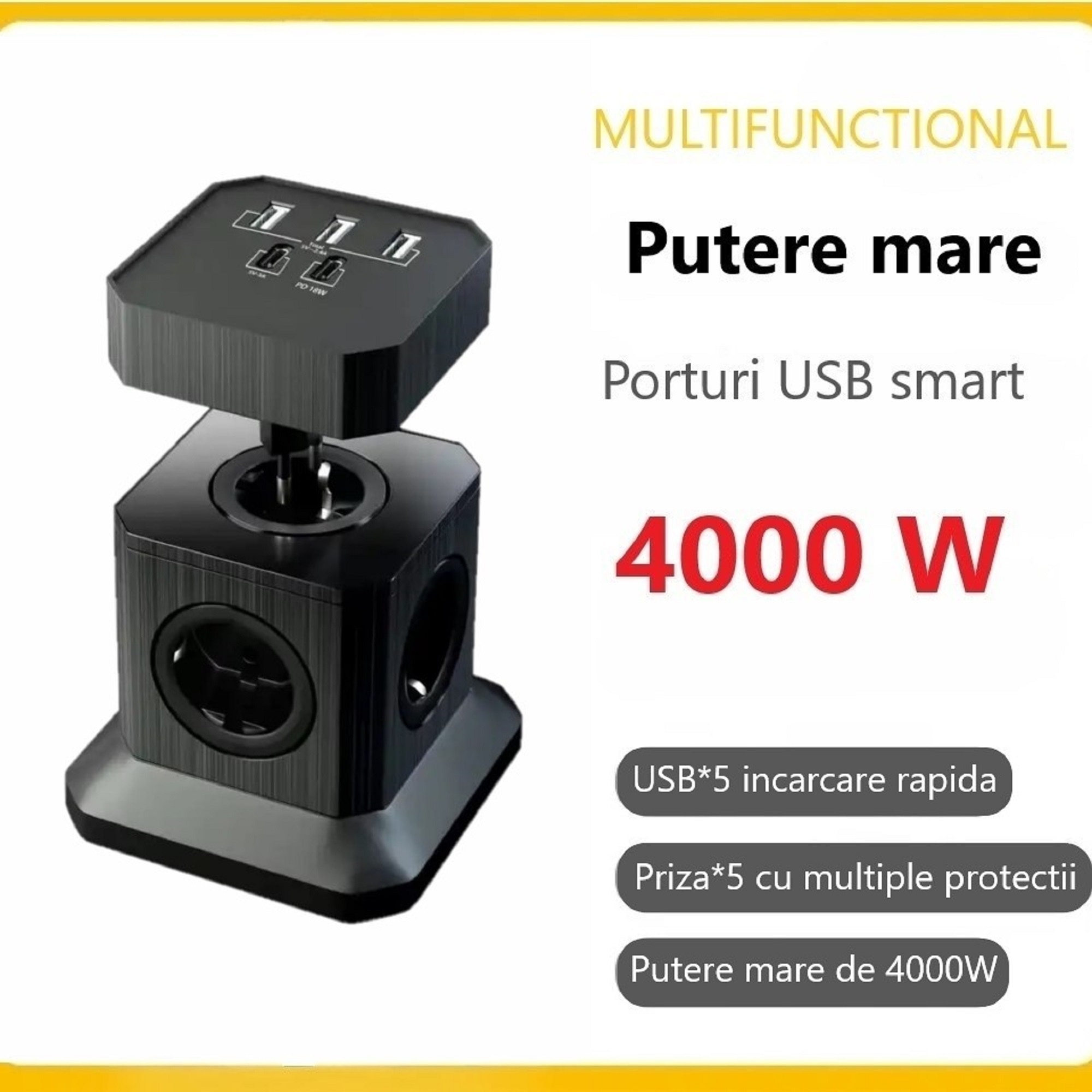 Prelungitor tip cub detasabil INNOVIO®, Putere mare 4000W/16A, 5 priza ...