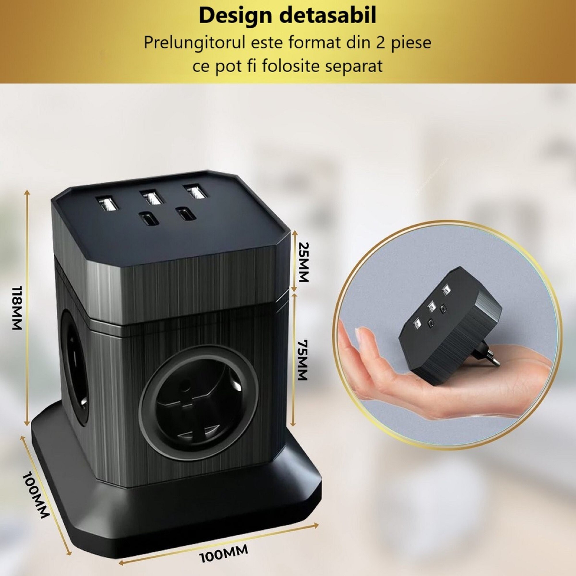 Prelungitor tip cub detasabil INNOVIO®, Putere mare 4000W/16A, 5 priza ...