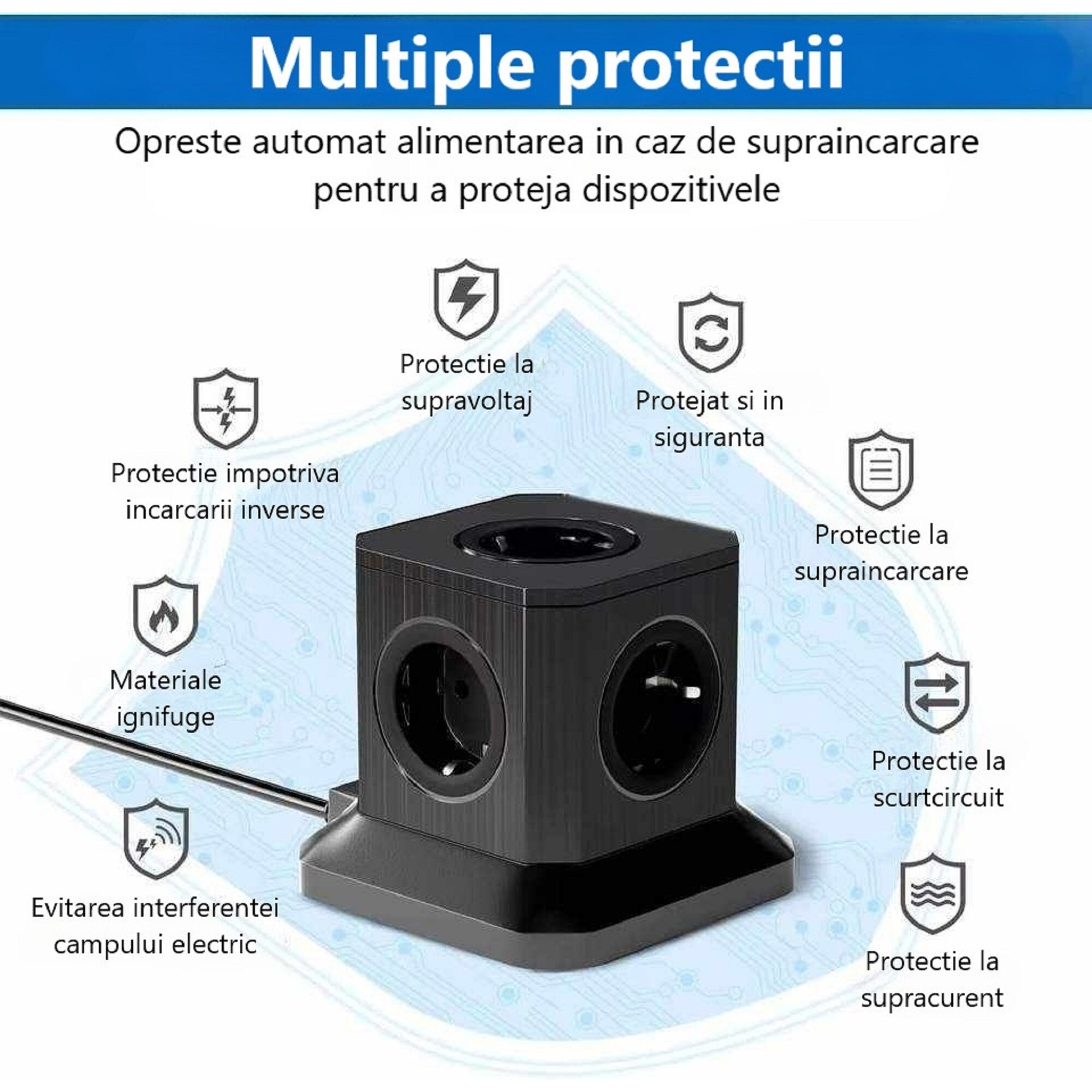 Prelungitor tip cub detasabil INNOVIO®, Putere mare 4000W/16A, 5 priza ...