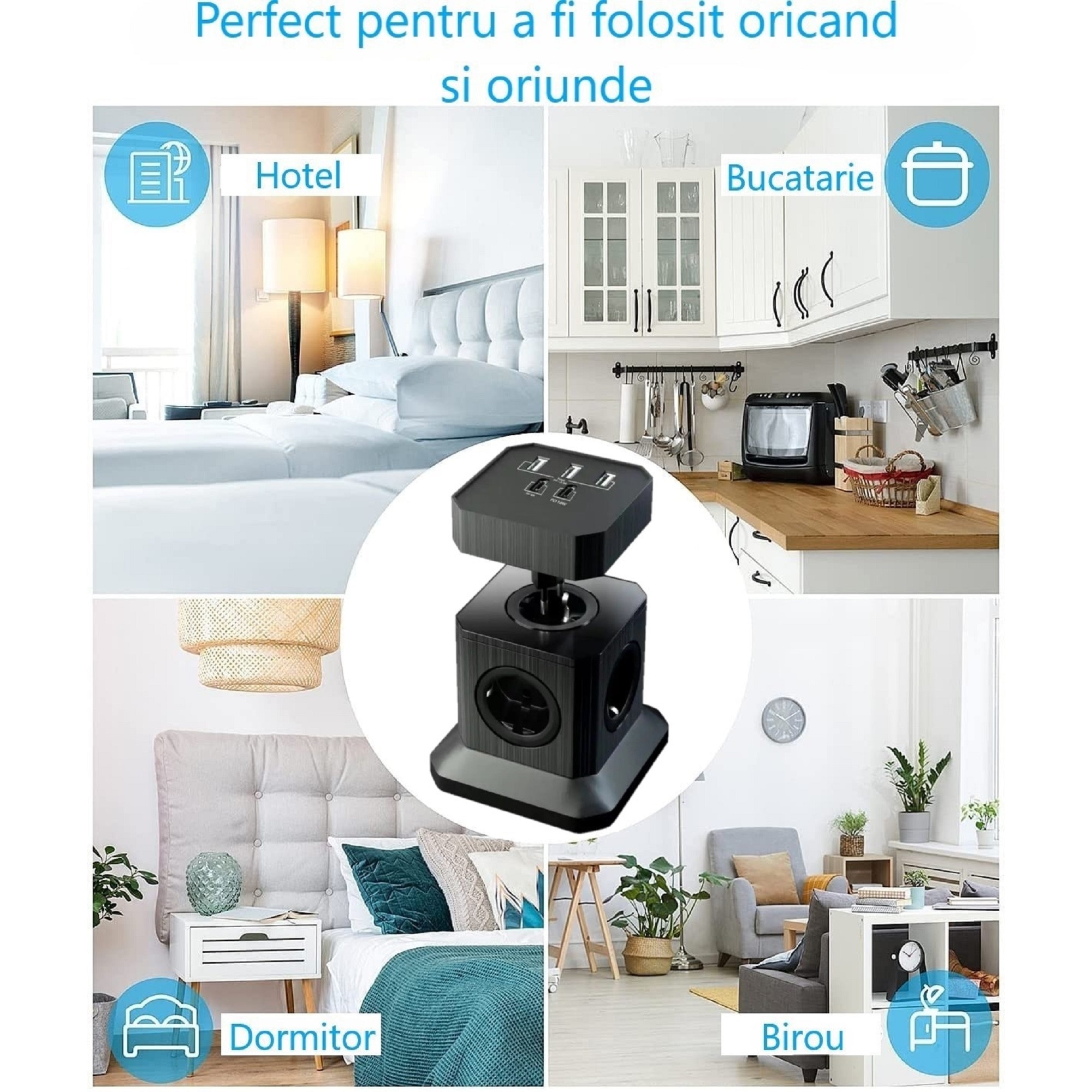 Prelungitor tip cub detasabil INNOVIO®, Putere mare 4000W/16A, 5 priza ...