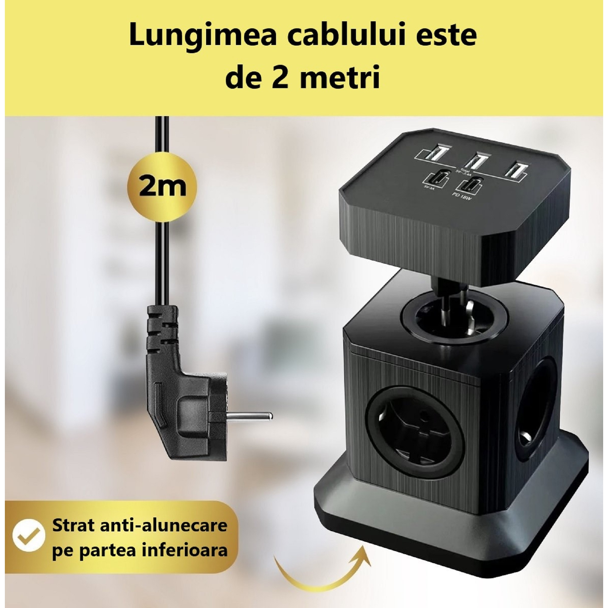 Prelungitor tip cub detasabil INNOVIO®, Putere mare 4000W/16A, 5 priza ...