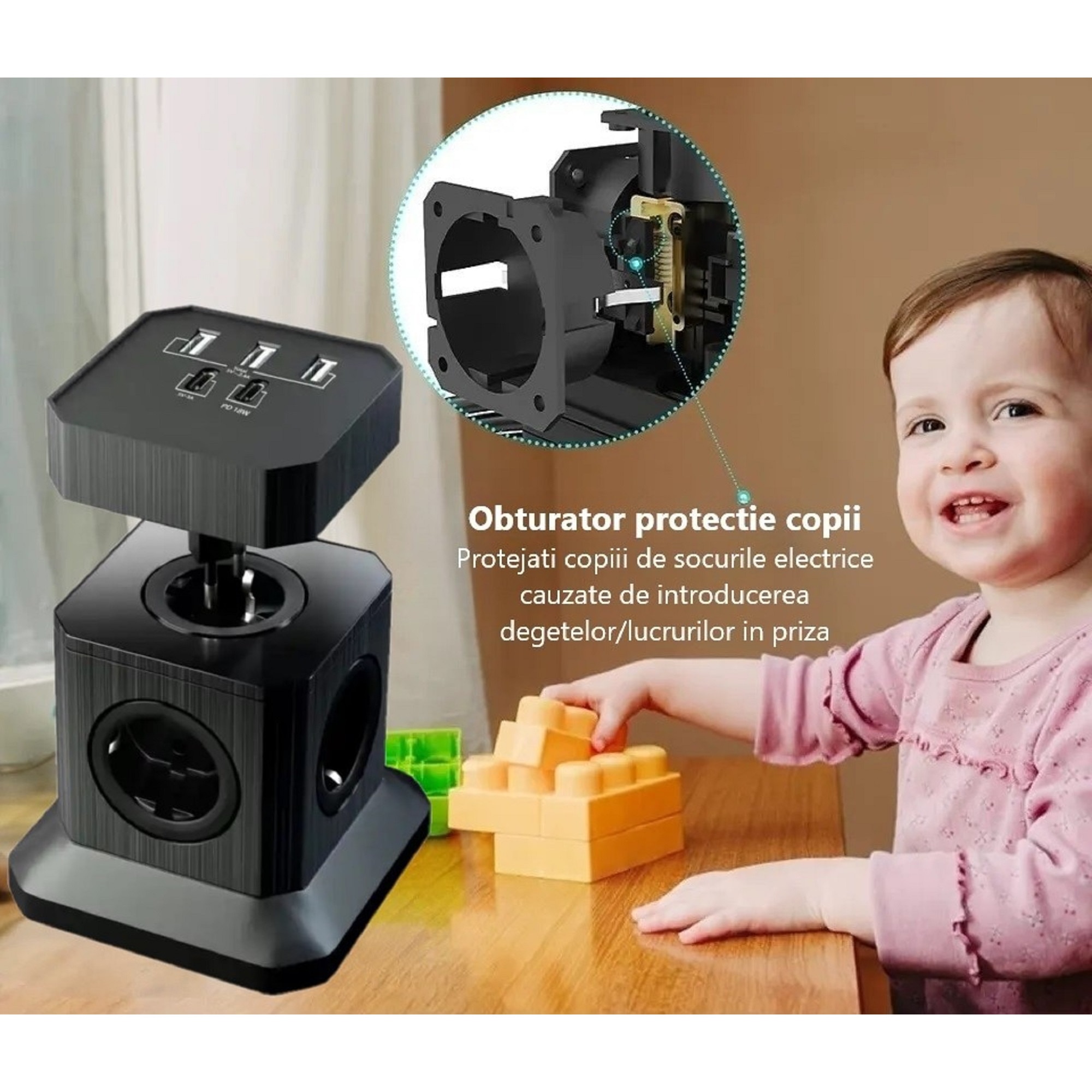 Prelungitor tip cub detasabil INNOVIO®, Putere mare 4000W/16A, 5 priza ...