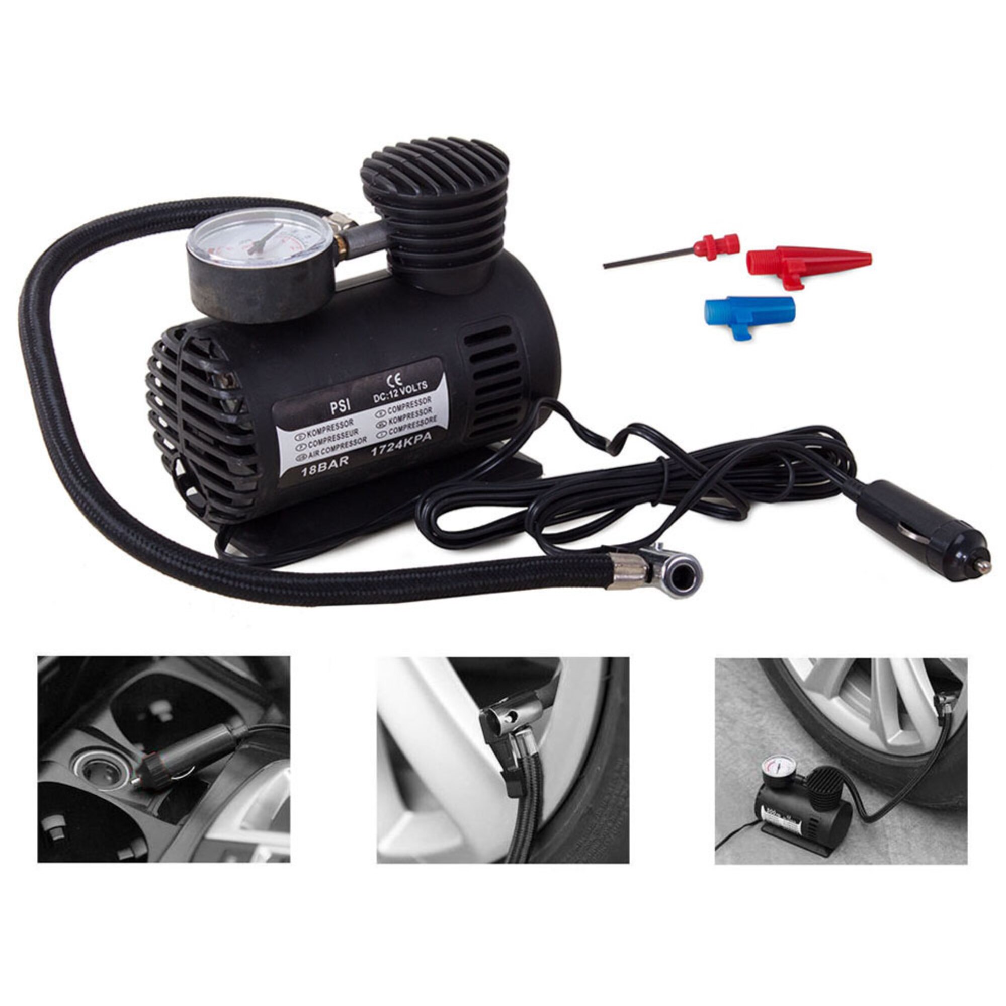 Compresor auto 12 V, 3 Accesorii incluse, 20.7 bari, Alimentare de la ...