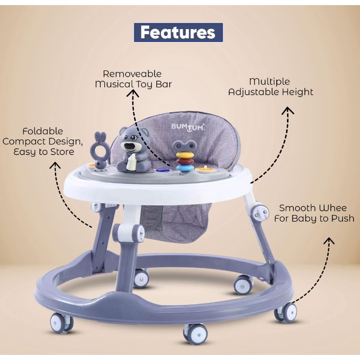Premergator, cu roti de silicon, reglabil pe inaltime, Bubu-Still, model ursulet pofticios, Gri ...