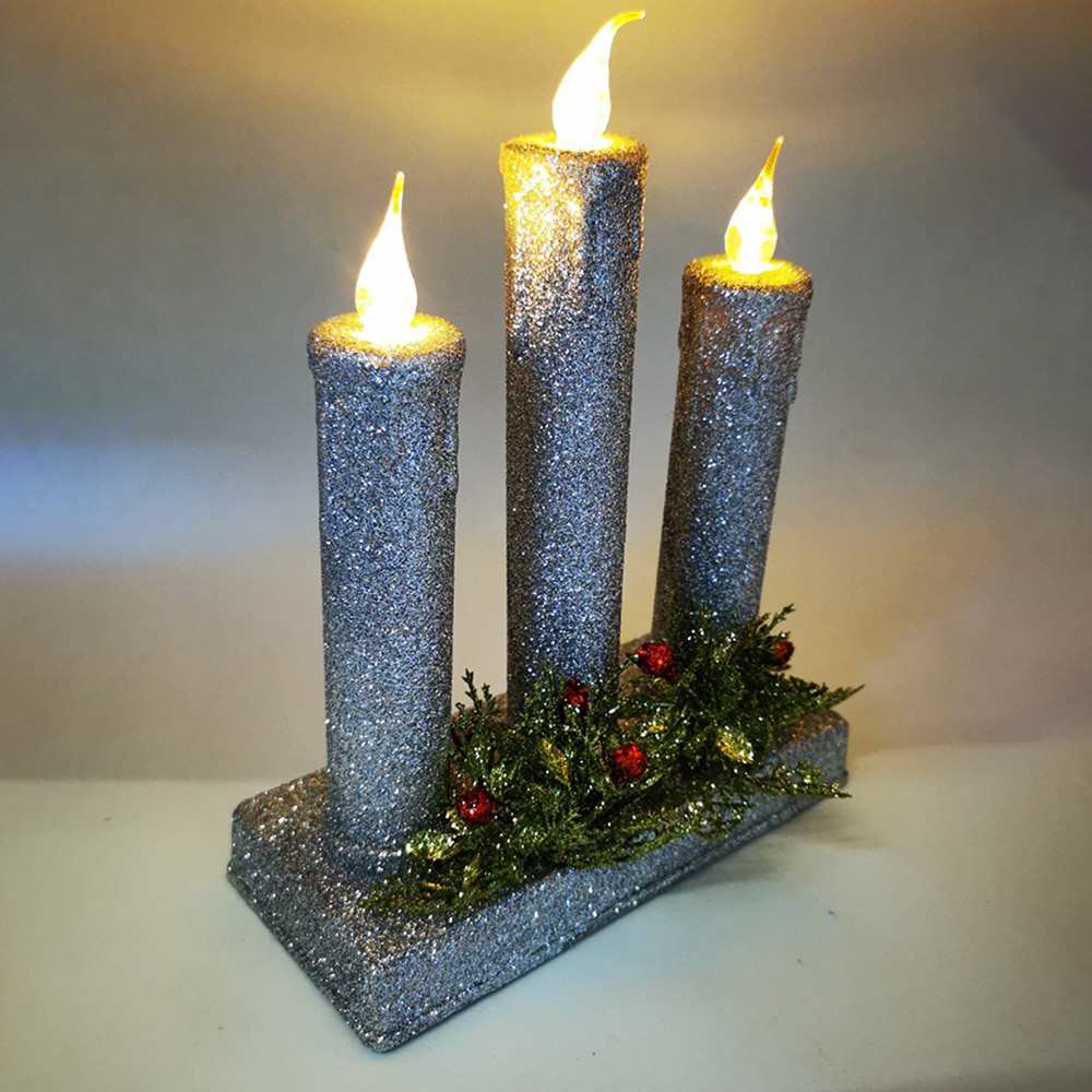 Decoratiune Luminoasa cu Led, 3 Lumanari Argintii in Linie, ornate la ...