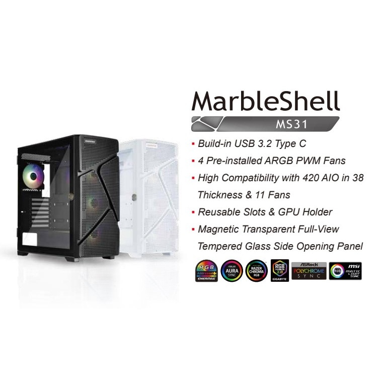 Carcasa PC, Enermax, Marbleshell MS31, ECA-MS31-BB-ARGB, 4x ARGB fan ...