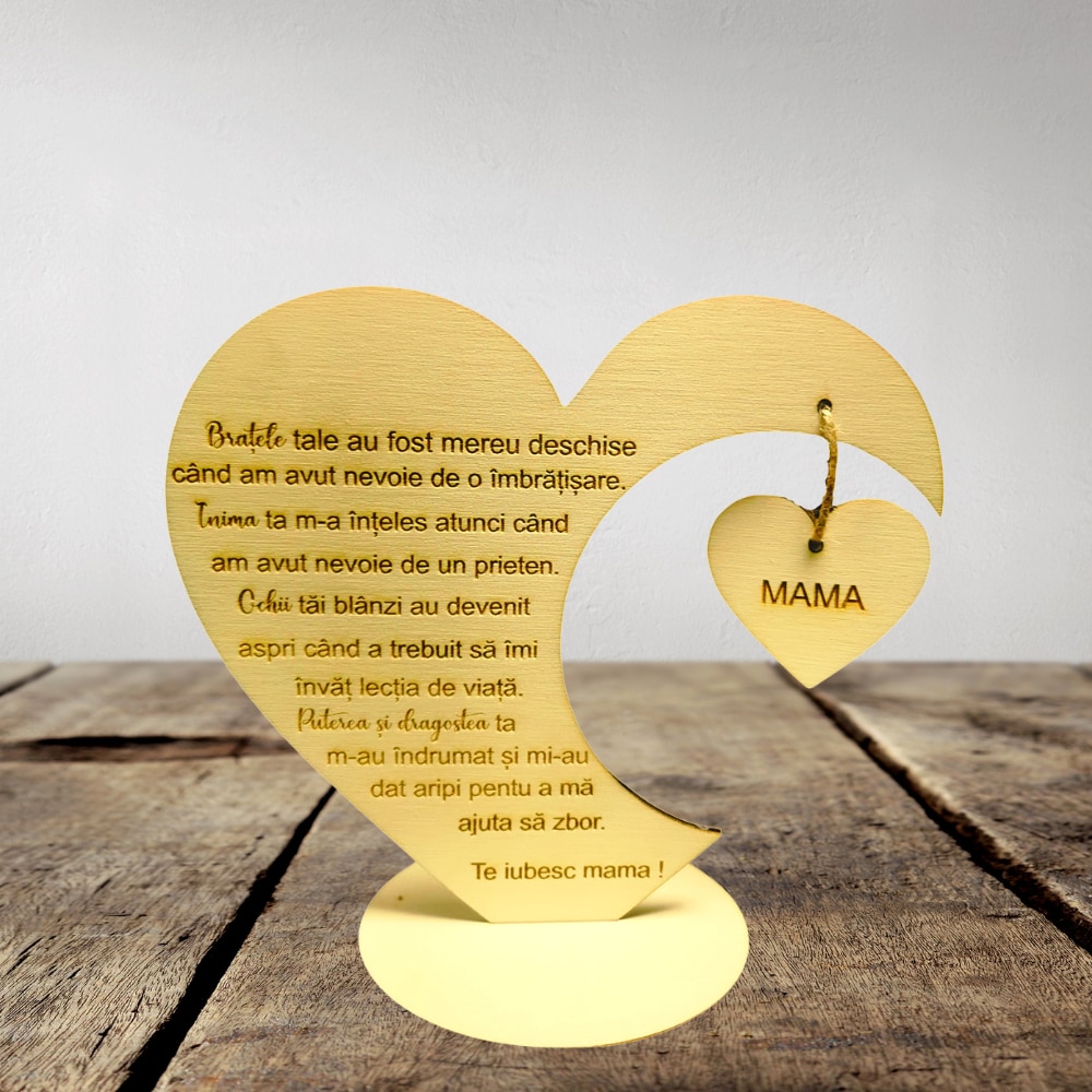 Decoratiune Te iubesc Mama, inima cu mesaj din suflet pentru mama lemn ...
