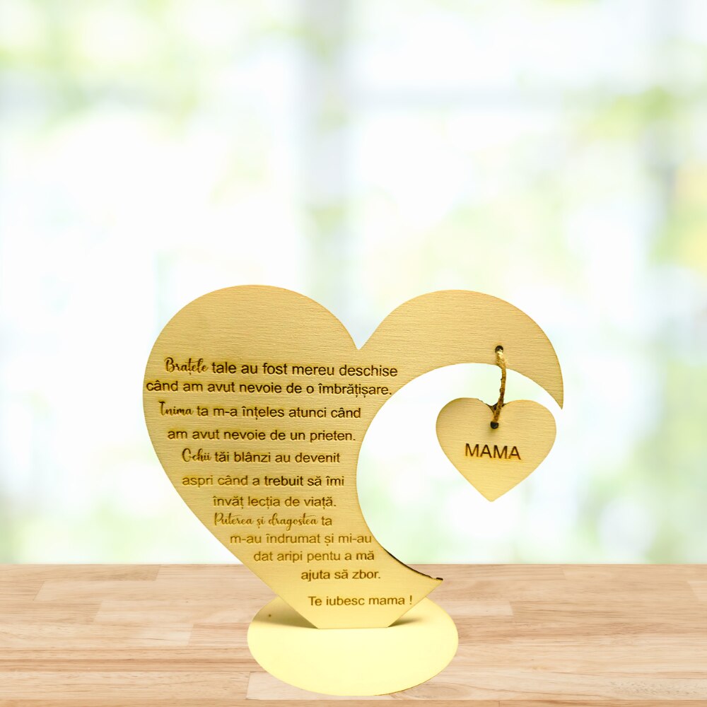 Decoratiune Te iubesc Mama, inima cu mesaj din suflet pentru mama lemn ...