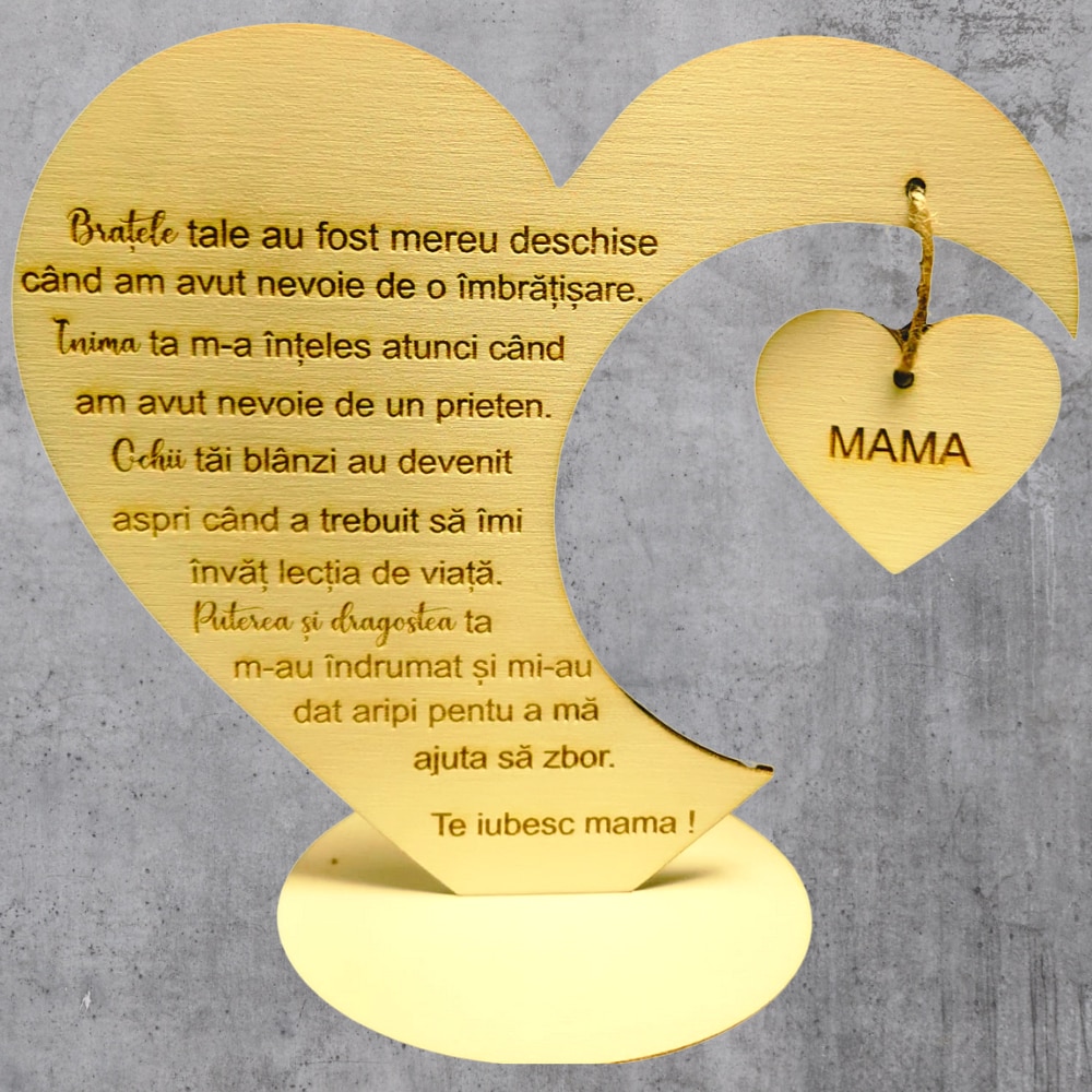 Decoratiune Te iubesc Mama, inima cu mesaj din suflet pentru mama lemn ...