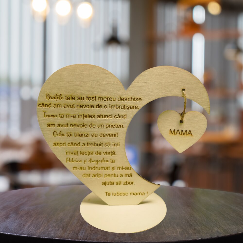 Decoratiune Te iubesc Mama, inima cu mesaj din suflet pentru mama lemn ...