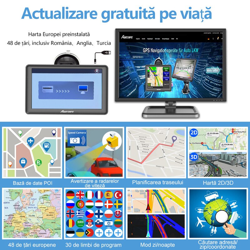 Sistem de navigatie GPS, AWESAFE, Ecran tactil 7 inch, Memorie Ram 256 ...